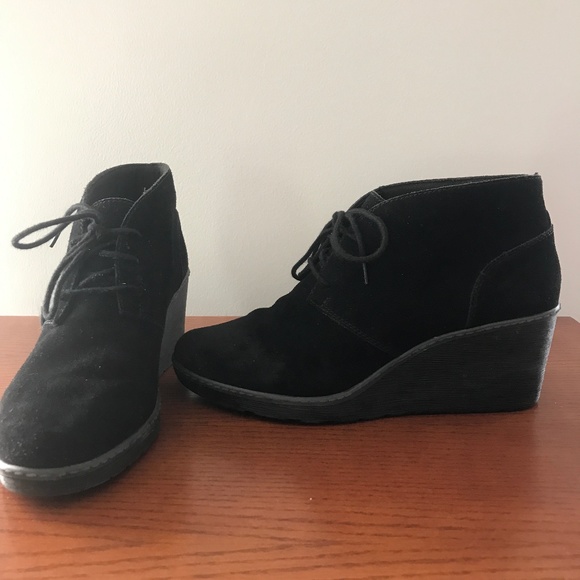 Clarks | Shoes | Clarks Black Suede Wedge Booties Size 9 | Poshmark